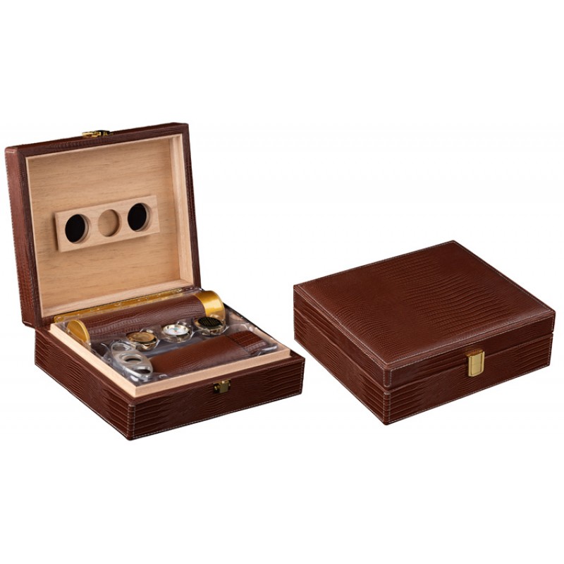 Cigar Accessory Gift Set | Brown Leather Humidor