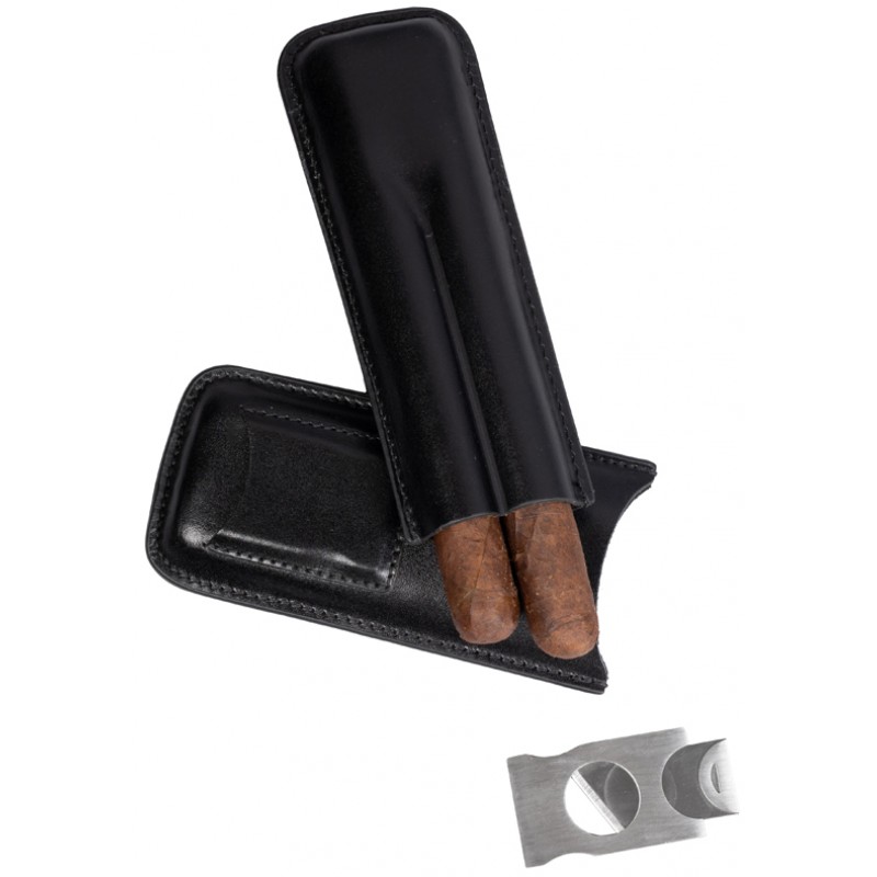 Black 2-Finger Cigar Case | Leather with Guillotine Cutter
