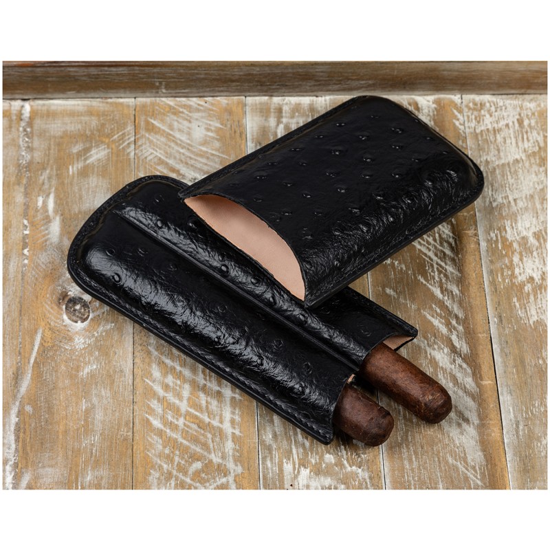 Black Ostrich Leather Cigar Case | Holds 2 Cigars