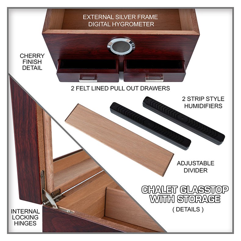 Glasstop Humidor with Accessory Storage Drawers for Your Cutter Lighter ...
