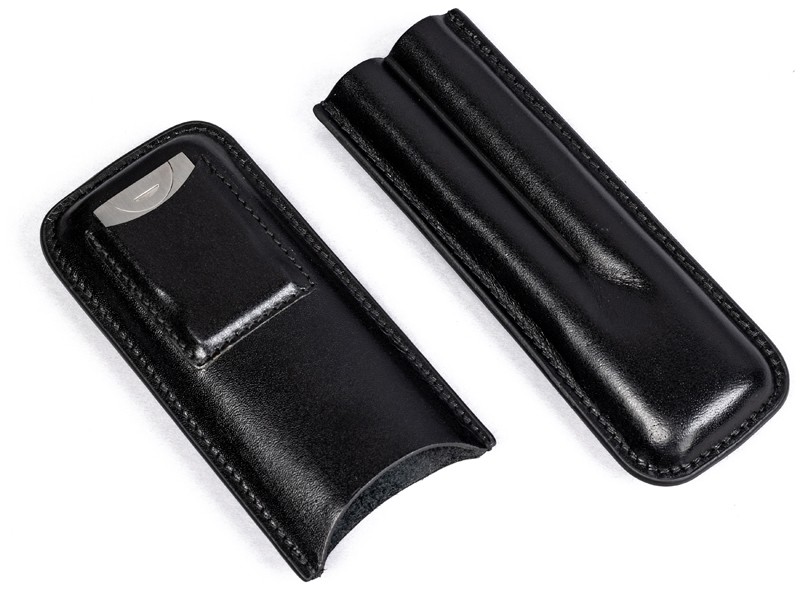 Black 2-Finger Cigar Case | Leather with Guillotine Cutter