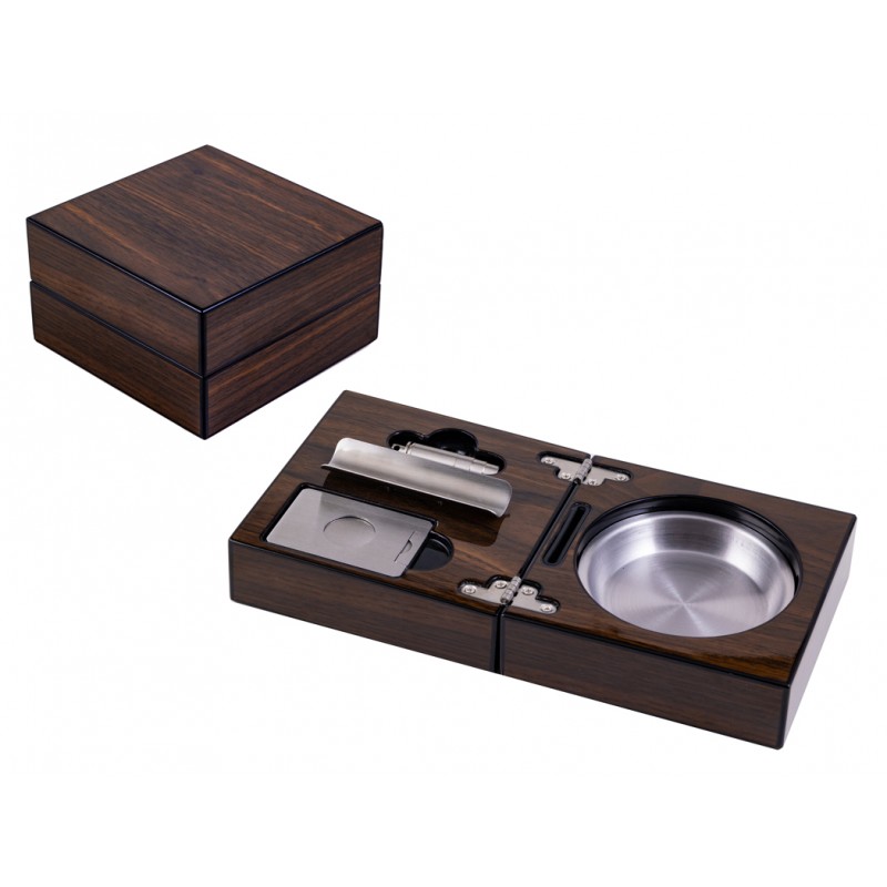 Walnut Folding Cigar Ashtray with Cigar Punch & Guillotine Cutter