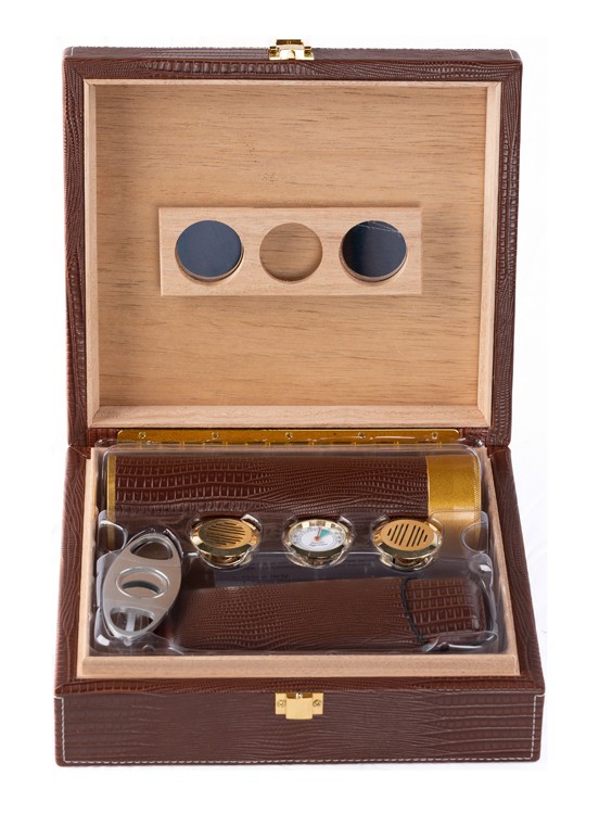 Cigar Accessory Gift Set | Brown Leather Humidor