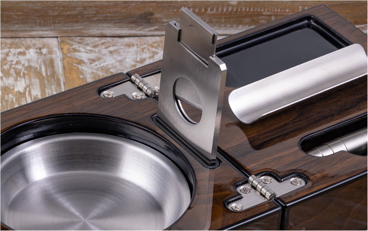 Walnut Folding Cigar Ashtray with Cigar Punch & Guillotine Cutter