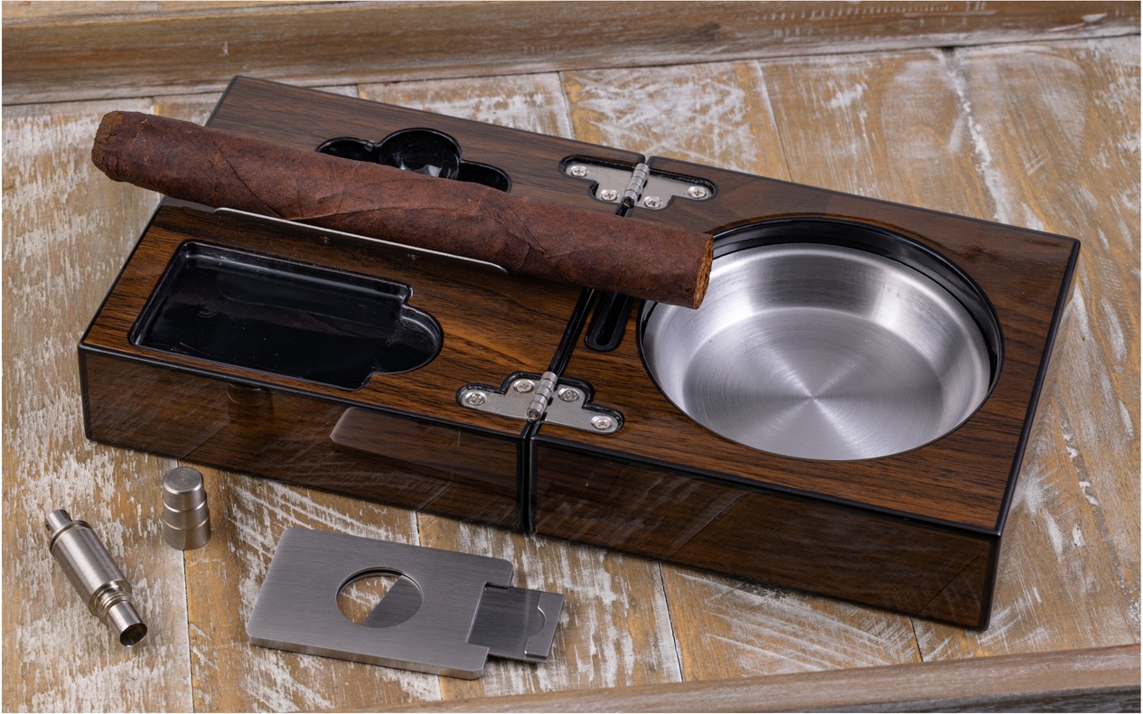 Walnut Folding Cigar Ashtray with Cigar Punch & Guillotine Cutter