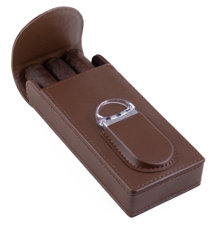 Brown Magnetic Leather Cigar Case | Holds 3 Cigars & Cutter